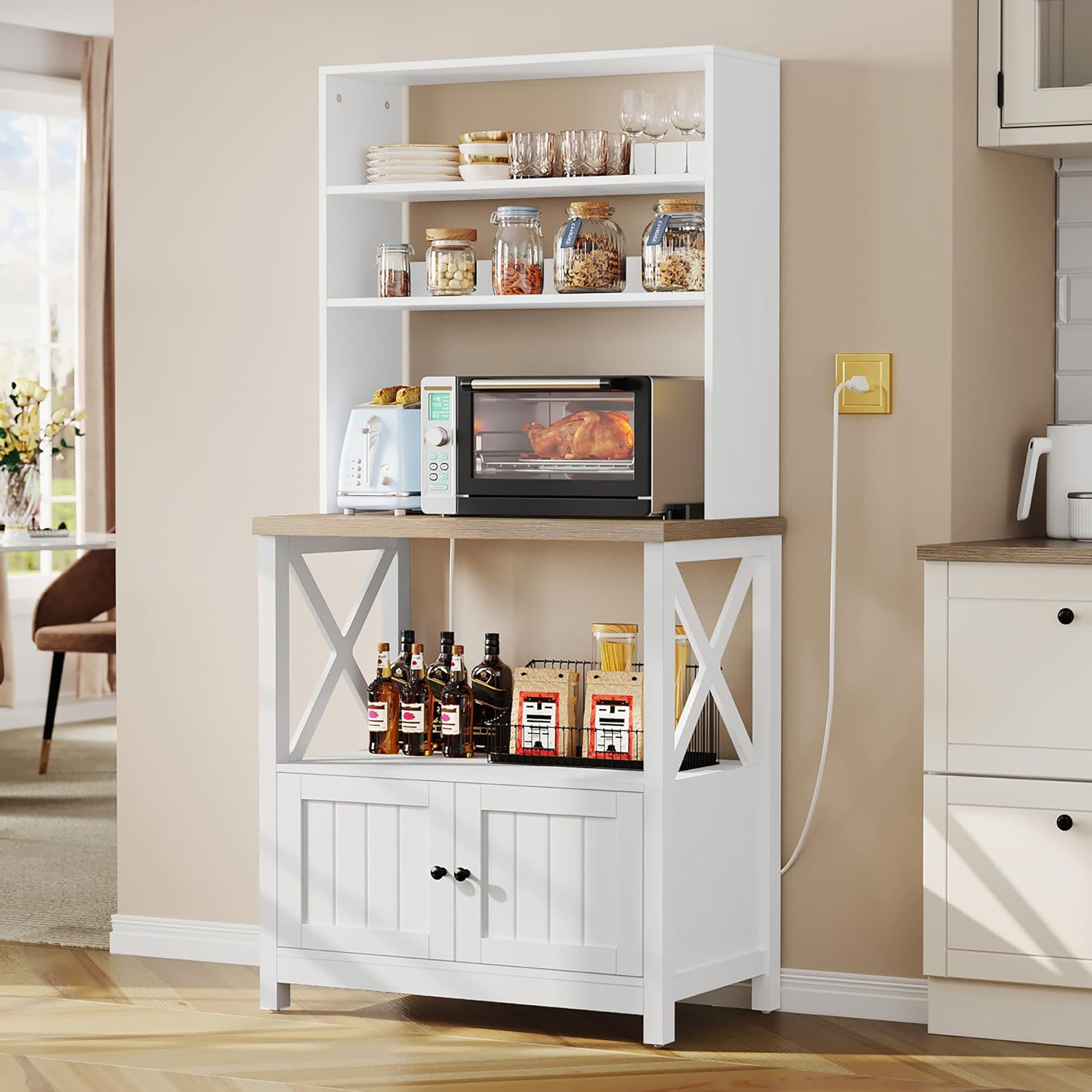 Longshore Tides White Cabinet Farmhouse Small Kitchen Pantry Hutch Tall With Door Power Outlet Thickened Counter Wayfair